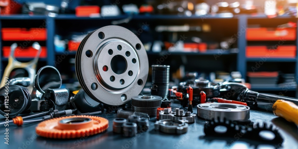Closeup of auto ancillary parts workshop product photography industrial ...