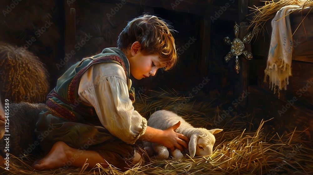Foto de Young shepherd boy kneeling with a lamb in his arms, gazing at ...