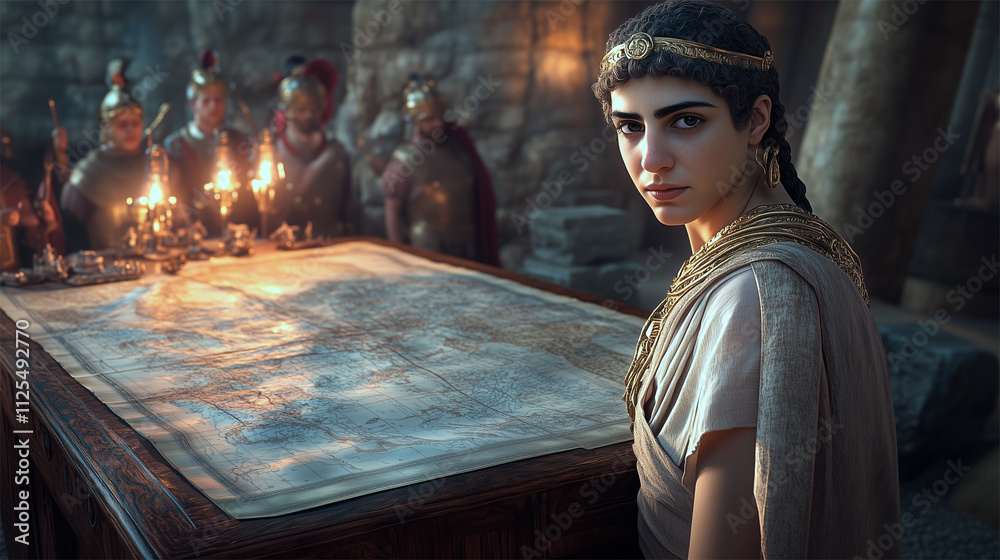 Cleopatra VII strategizing over a map, her face based on the Berlin ...