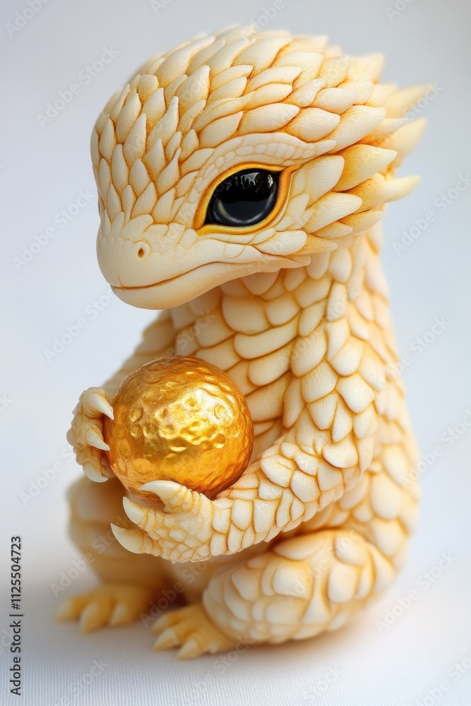 Adorable golden dragon figurine with intricate scales holding a shiny ...