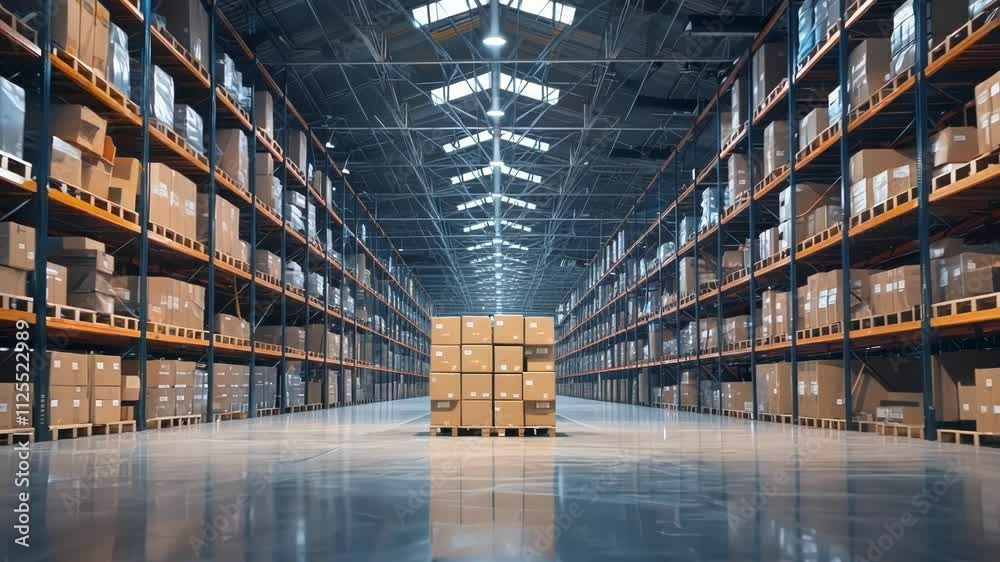 Autonomous robots transport pallet jacks loaded with boxes in a modern ...