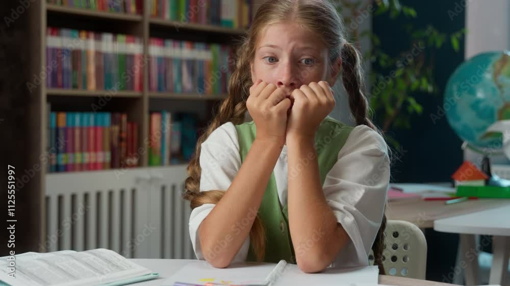 Scared worried anxious Caucasian little girl fearful frightened school ...