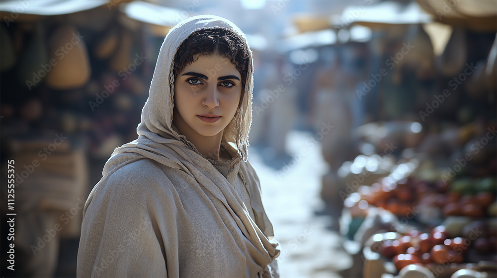 Cleopatra VII walking confidently through a bustling Egyptian ...