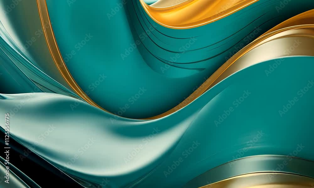 A flowing abstract composition featuring smooth, wavy textures in teal and golden hues, creating ...
