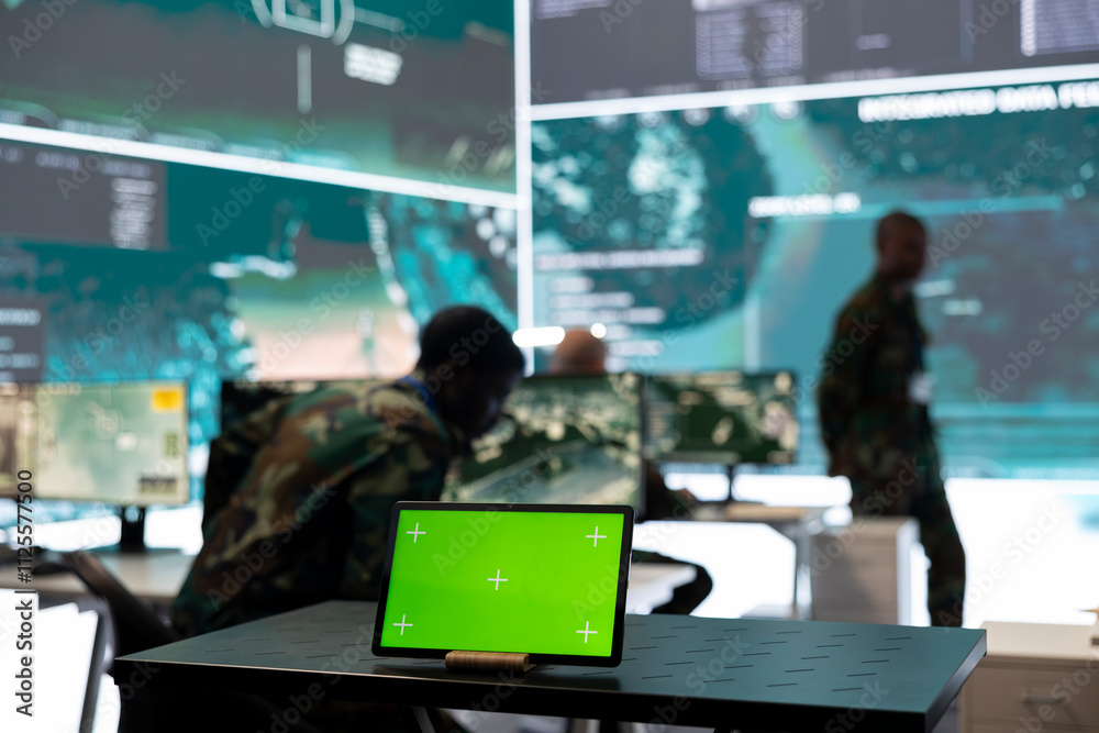 Military headquarters monitoring room with a mockup green screen on ...