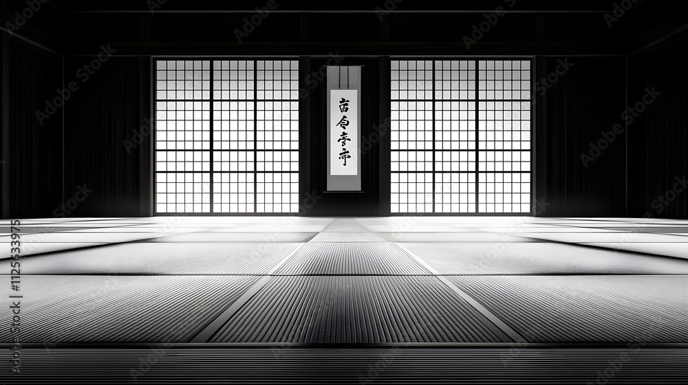 Minimalist karate dojo with dark wooden walls, clean tatami mats, and a ...