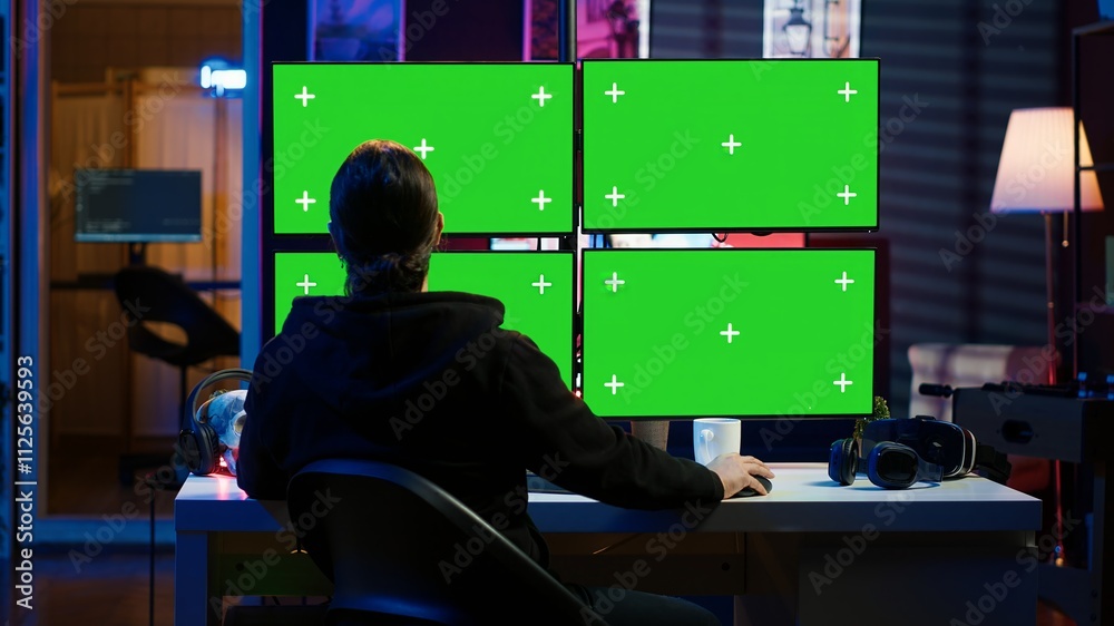 Foto de Cybercriminal coding on green screen monitors, developing zero ... Foto de Cybercriminal coding on green screen monitors, developing zero ...
