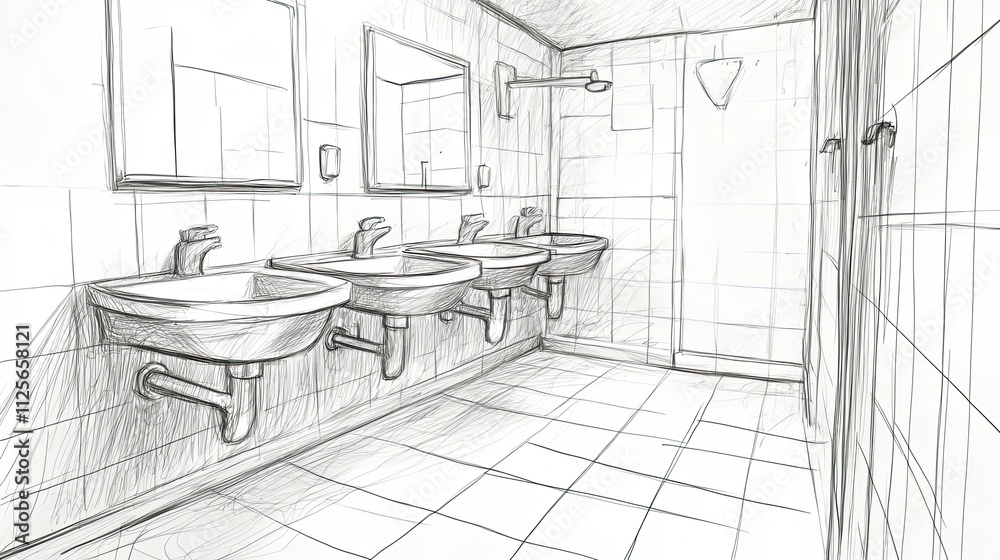 Sketch of a public restroom with three sinks and a shower Stock ...