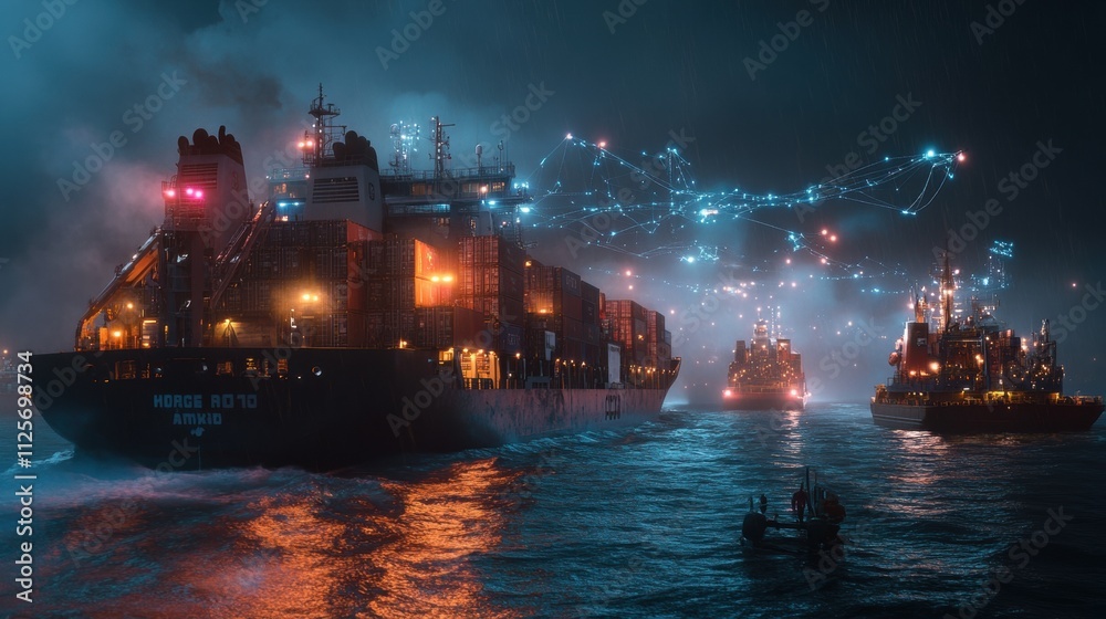Shipping operations at night ocean port maritime industry urban ...