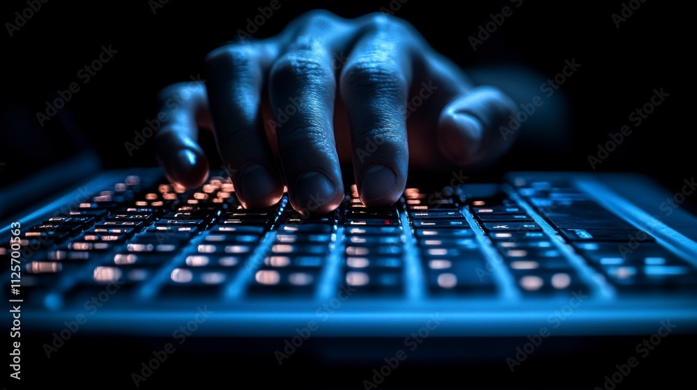 Zoomed-in close-up of a hand working on a laptop keyboard. The shot ...