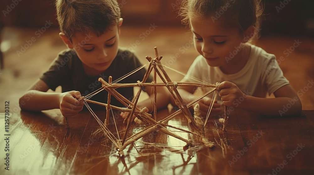 Two children collaborate to build a stick structure, showcasing ...