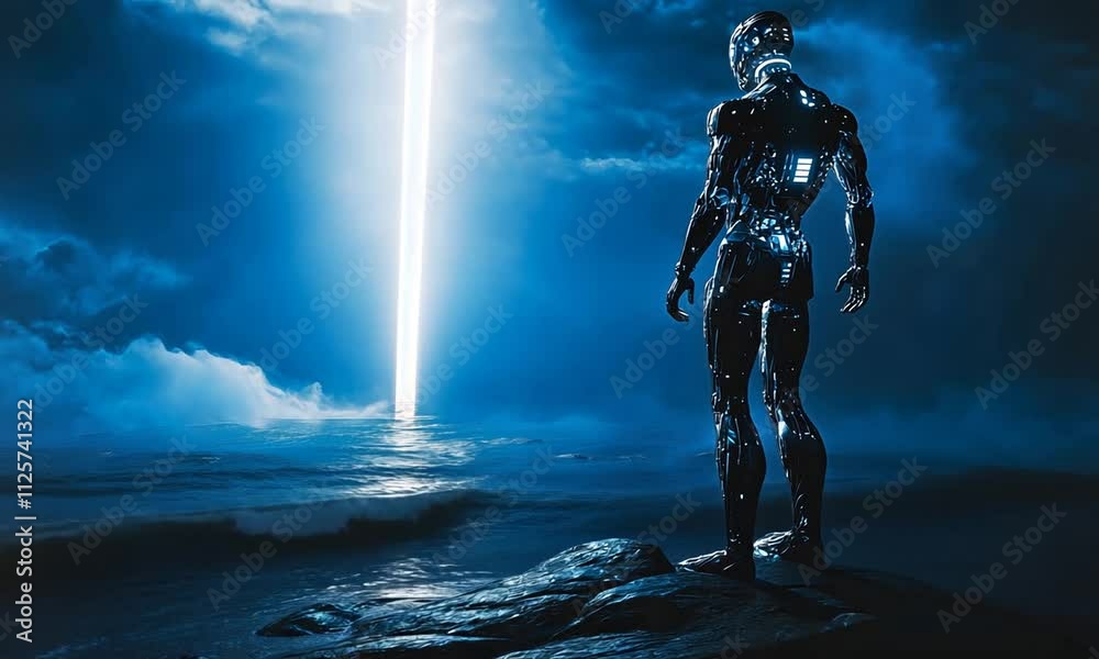 A futuristic scene featuring a humanoid robot standing near a body of ...