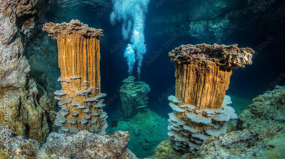 underwater hydrothermal vents with billowing columns of mineral-rich ...
