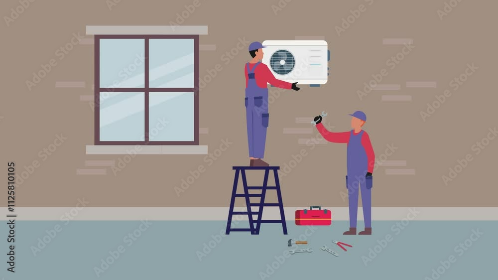 Two HVAC Technicians Installing Air Conditioning Unit on Ladder cartoon ...