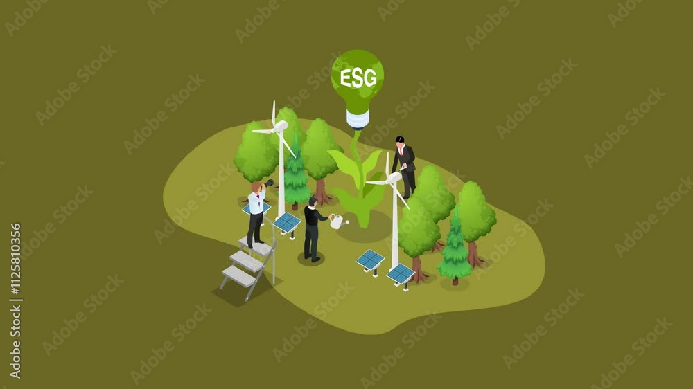 ESG Sustainable Energy Concept with Wind Turbines and Solar Panels 3d ...