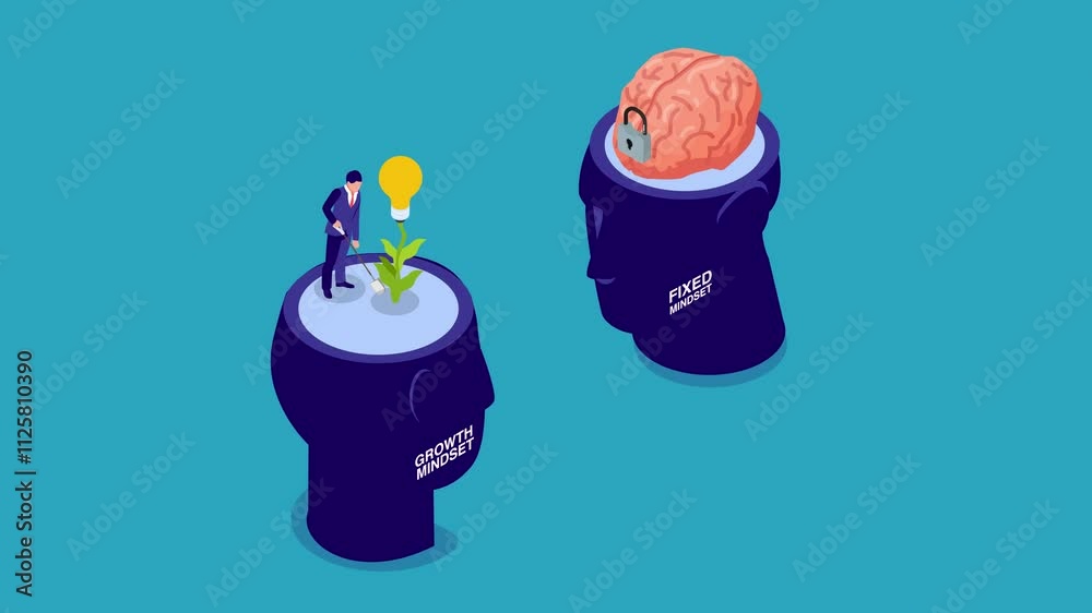 Growth Mindset vs Fixed Mindset Concept with Illustrations of Brain and ...
