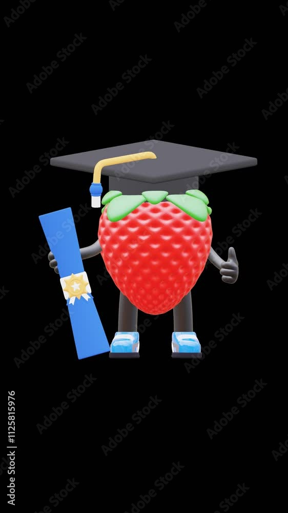 3D Strawberry Fruit Character Wearing Graduation Cap Holding Diploma ...