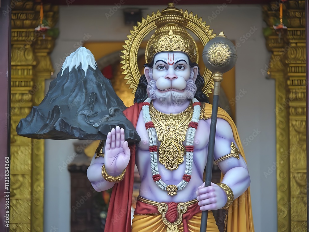 Majestic image of Lord Hanuman holding a mountain and his mace ...