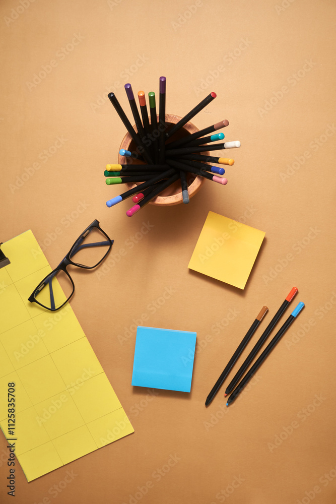 Top view of desk with design and planning tools. Modern and creative ...