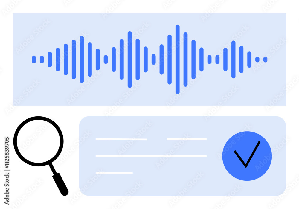 Audio waveform analysis with blue frequency bars, magnifying glass, and check mark icon. Ideal ...