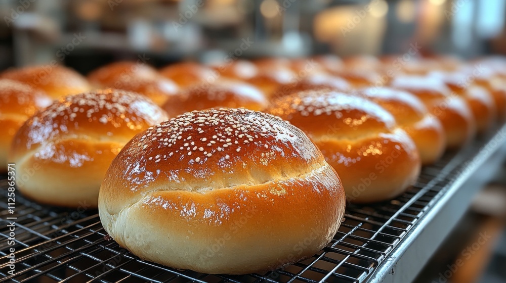Rows of freshly baked bread rolls cool on a wire rack in a bakery. The ...