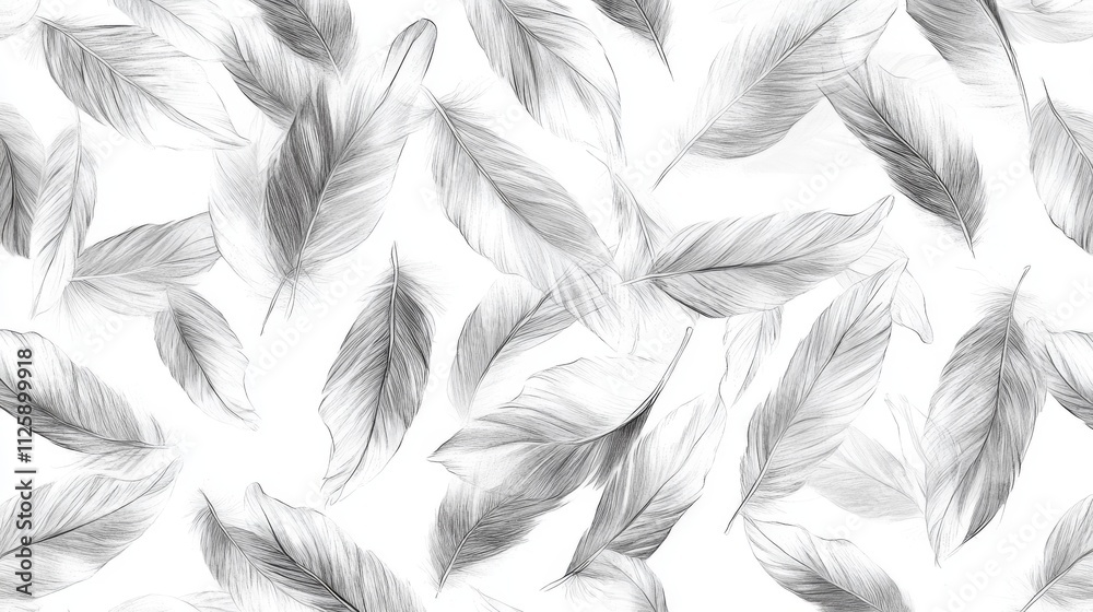 5.Black-and-white hand-sketched feather pattern on a clean white ...