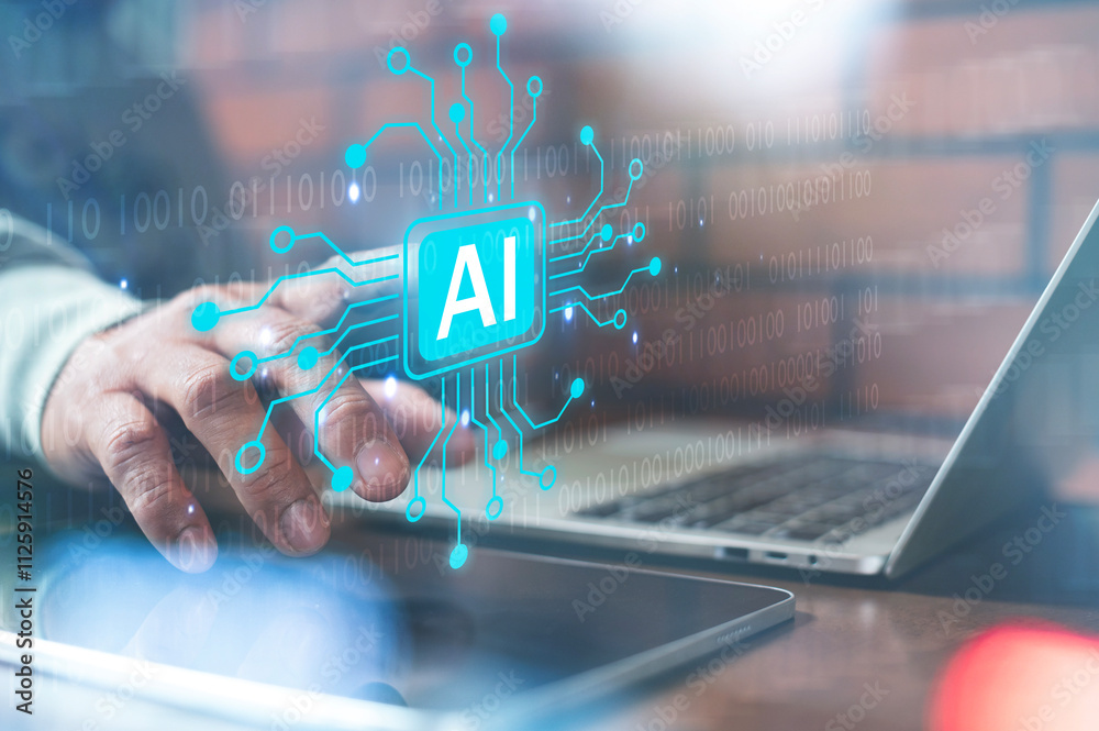 Programmer working laptops with AI, artificial intelligence software engineer coding on laptop ...