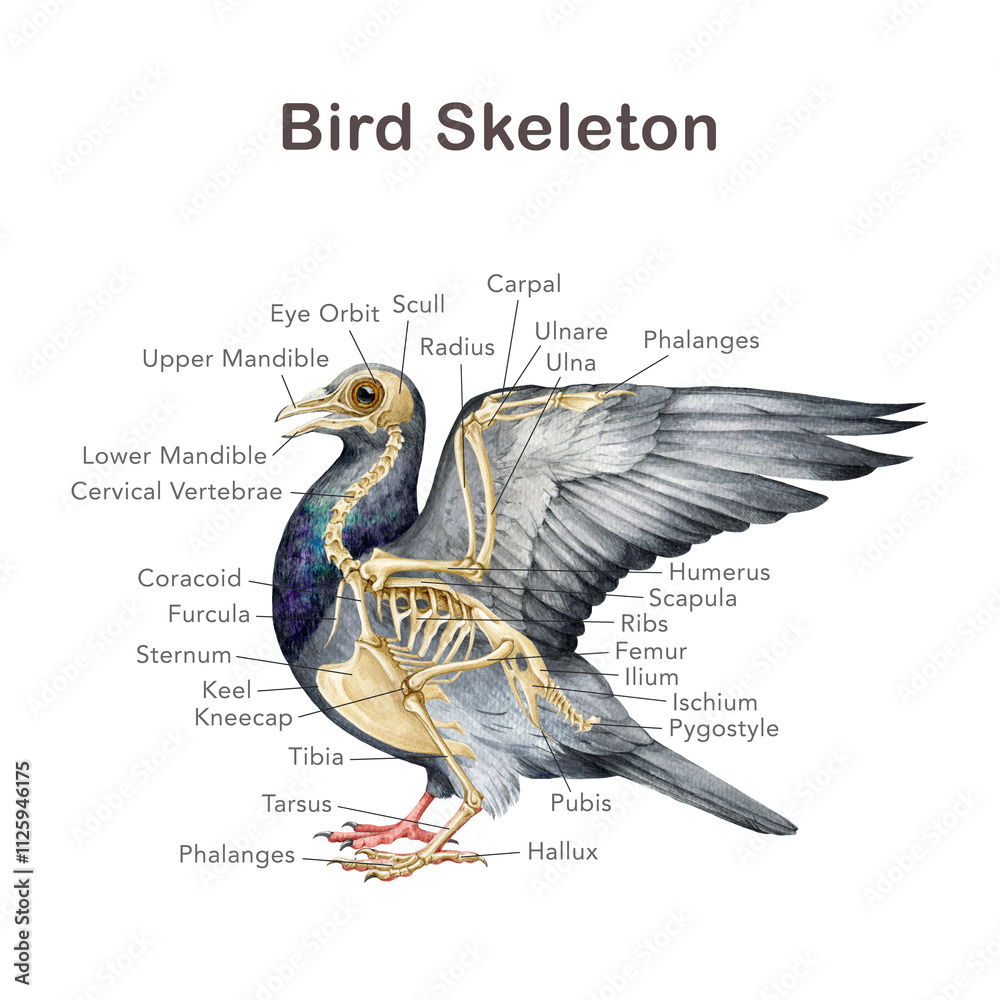 Anatomy of a bird with bone name scheme. Hand drawn detailed ...