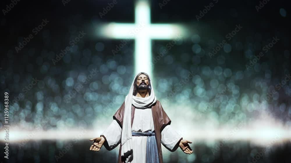 Vertical video of Jesus in front of a cross bursting with particles and ...