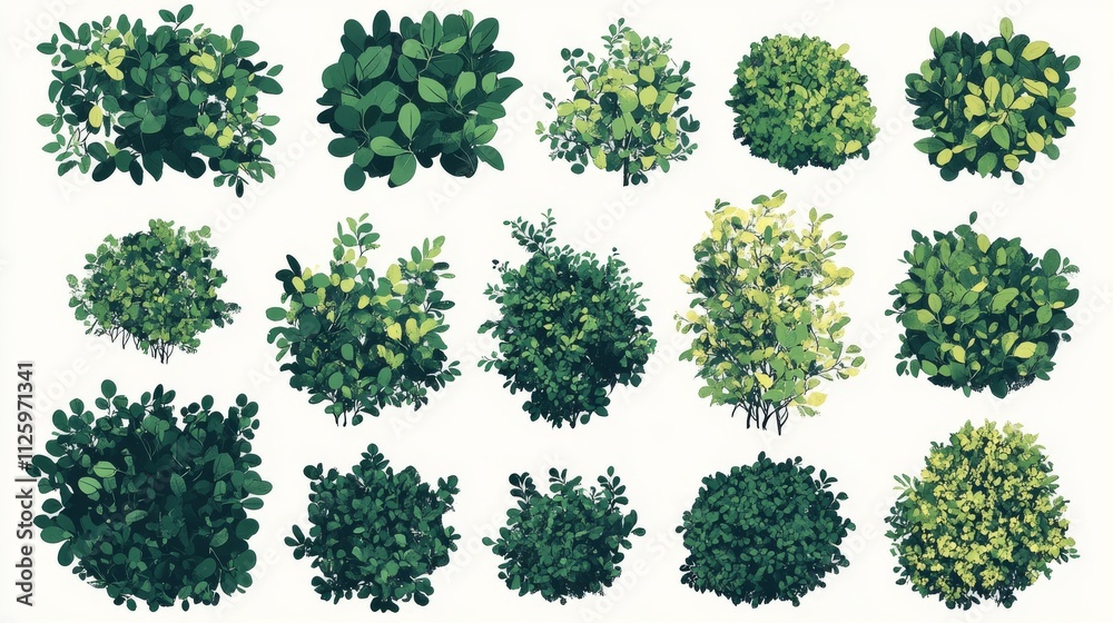 28.A detailed vector set of bush illustrations against a white ...