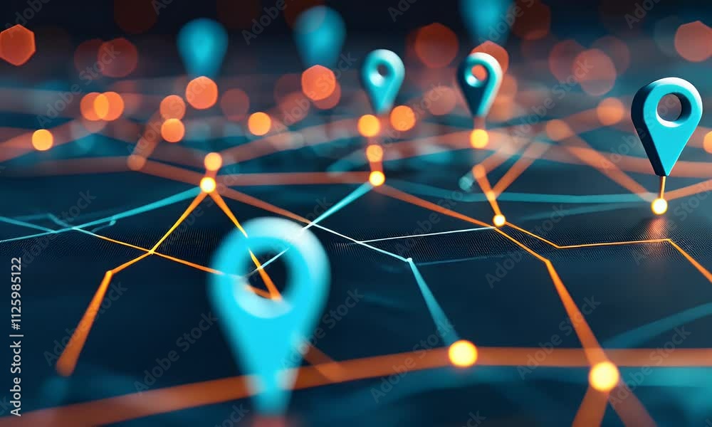 4K animation of a digital map featuring interconnected location pins ...