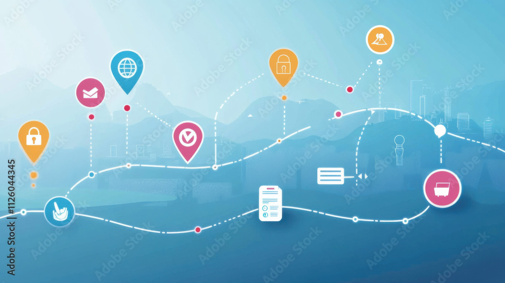 Roadmap infographic with multiple milestones and a winding path, sleek ...
