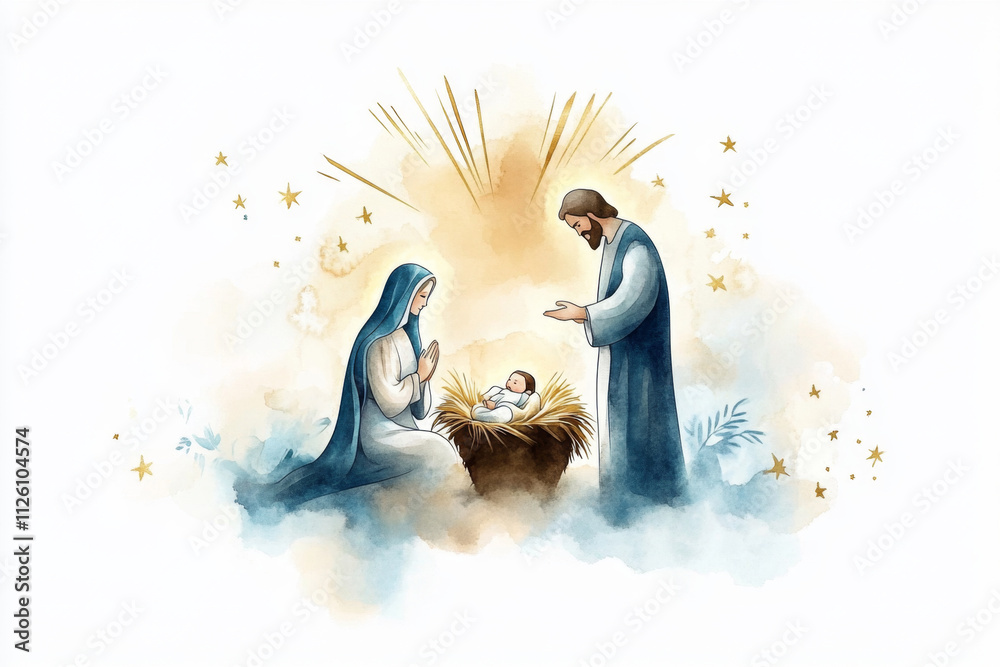 Watercolor depiction of a nativity scene showing Mary, Joseph and baby ...