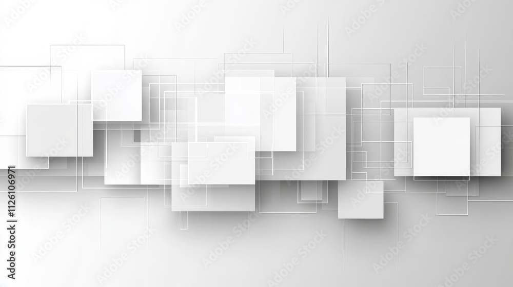 Abstract geometric squares compose an overlapping background. Modern rectangles create a digital ...