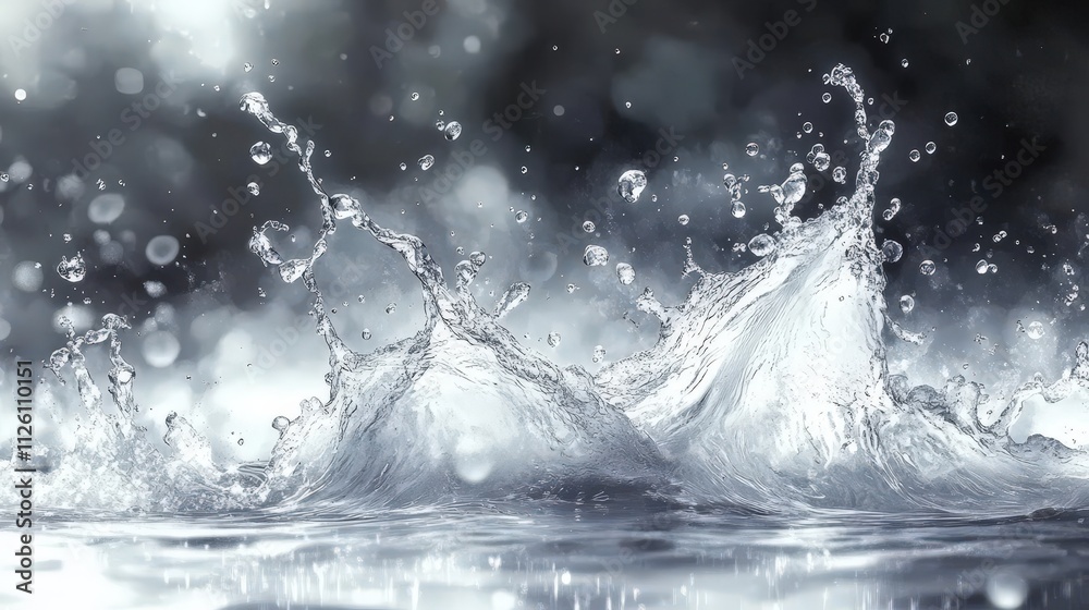Dynamic water splash with fluid motion. Liquid droplets and energy form ...