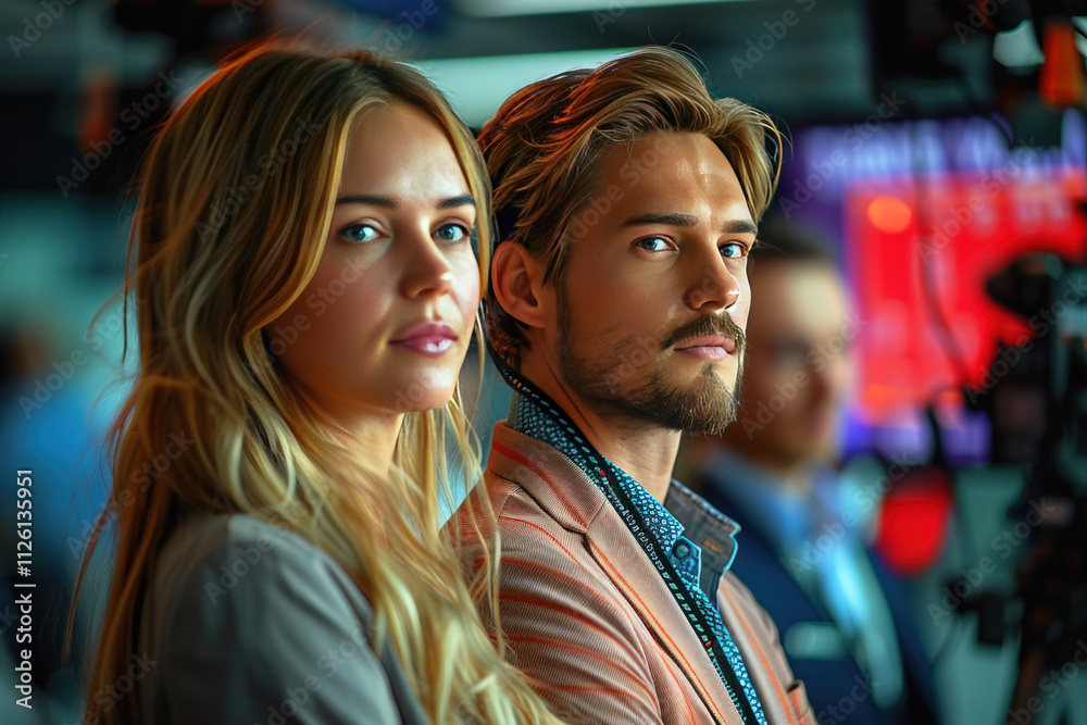 Professional male and female news anchors present breaking news from a ...