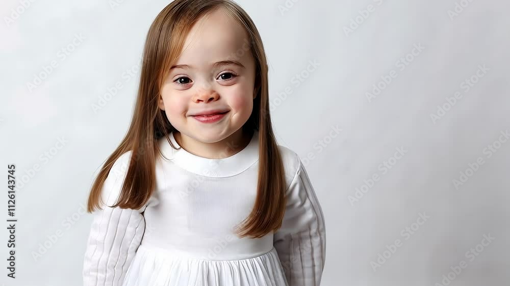 video of cute little girl with down syndrome on white background, child ...