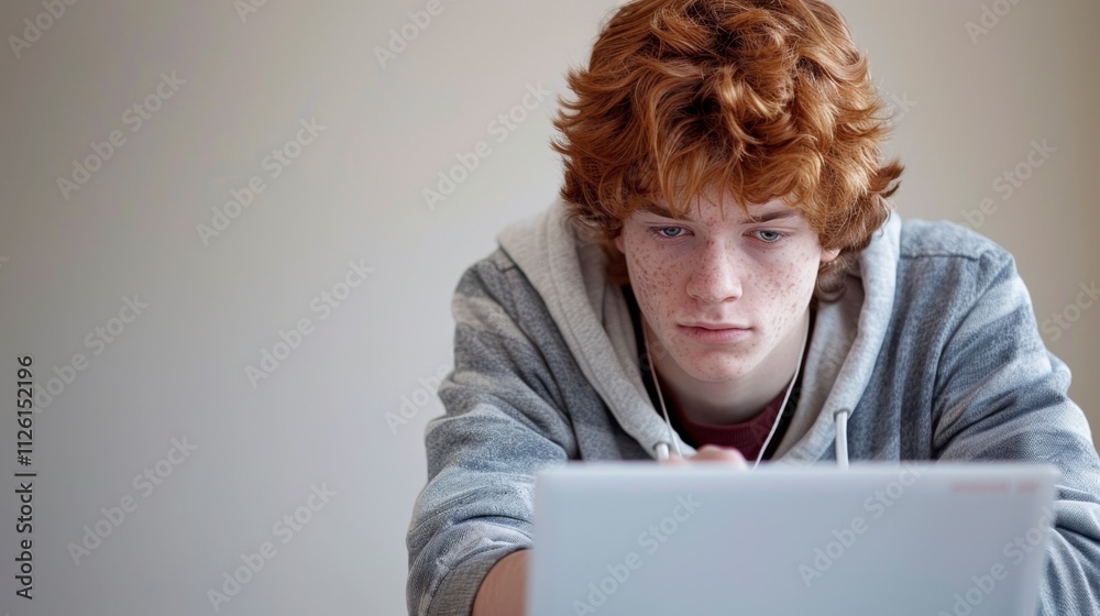 Serious high school student working on a laptop, white background for ...