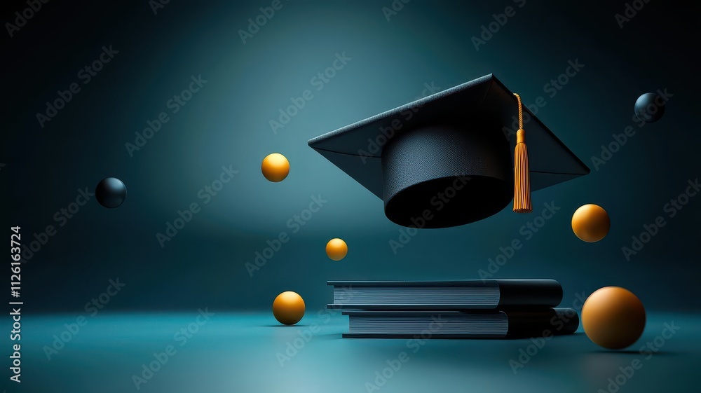 Stylized black graduation cap floating amid floating orbs of light and ...