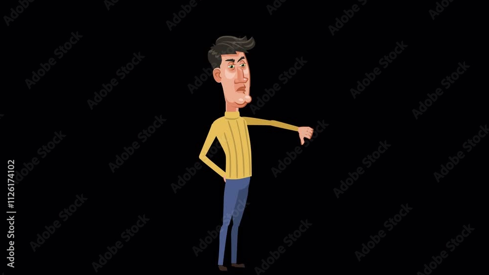 Cartoon man showing displeased gesture thumbs down. Isolated animation ...