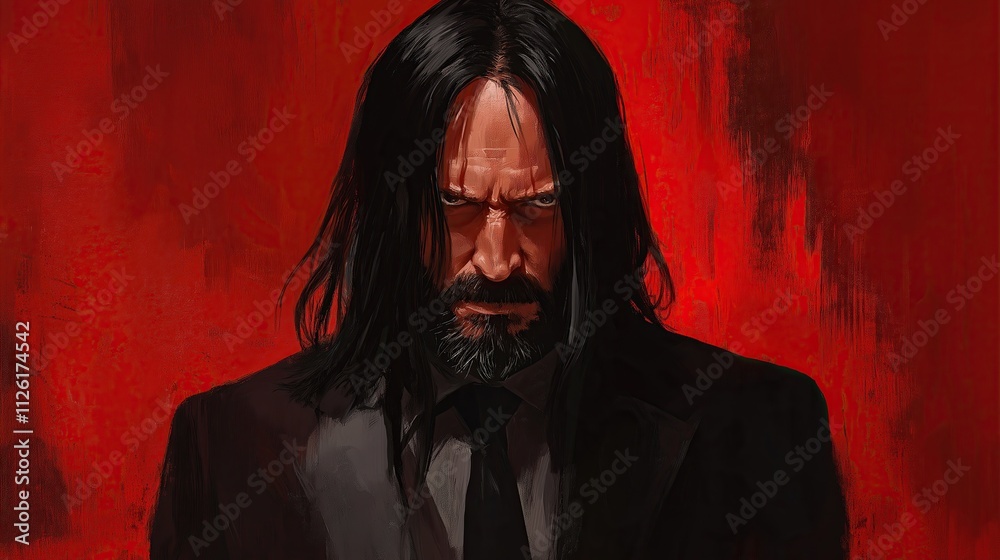 A man dressed in a black suit with long hair and a beard, has an evil ...