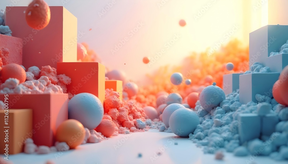 A complex arrangement of three-dimensional geometric shapes, each with ...