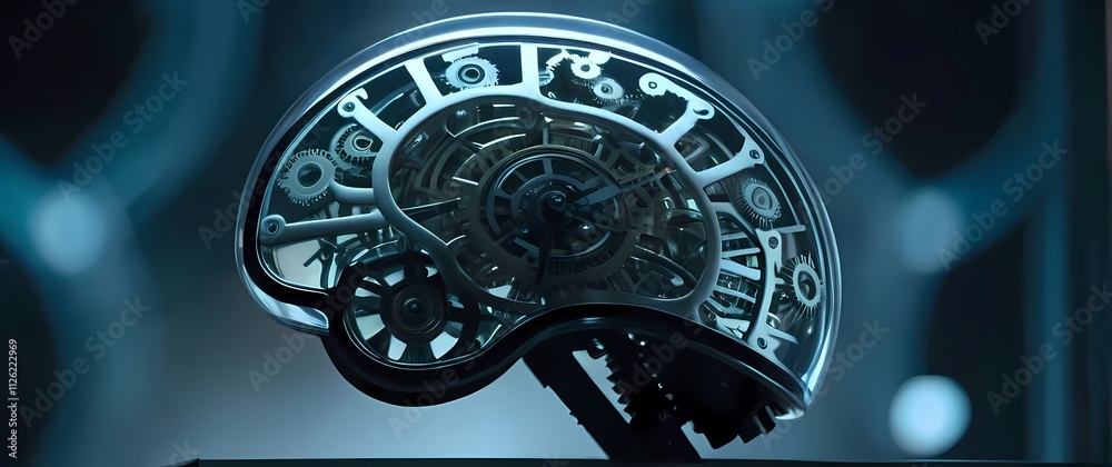 Transparent brain filled with clock gears and cogs slowly turning ...