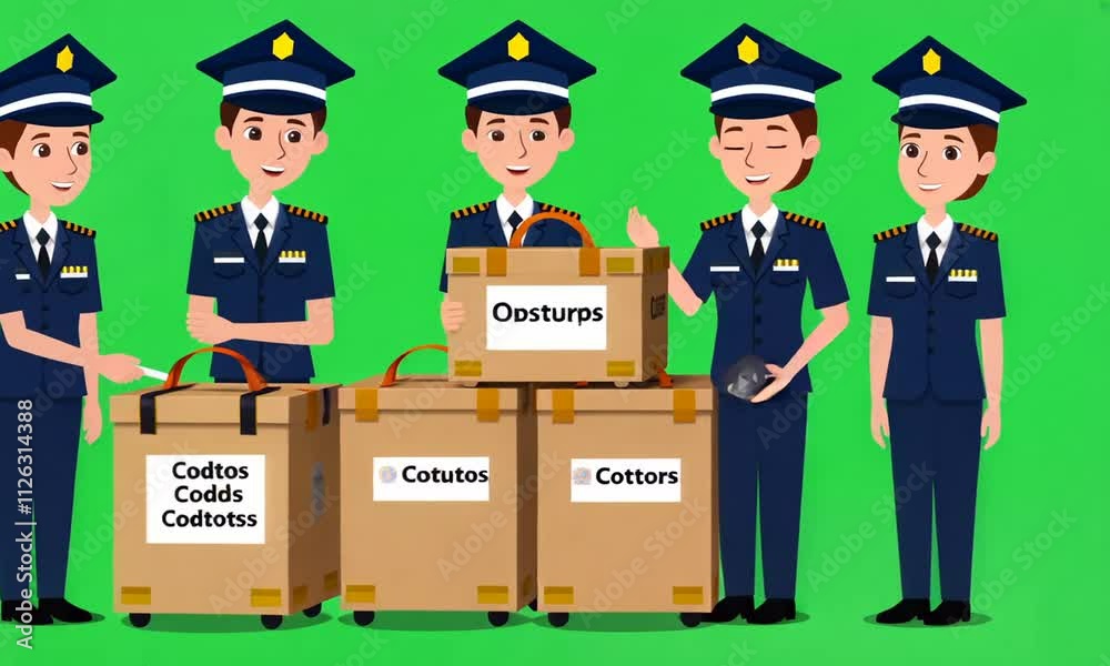 cartoon Goods labeled Import and Export being inspected by customs ...