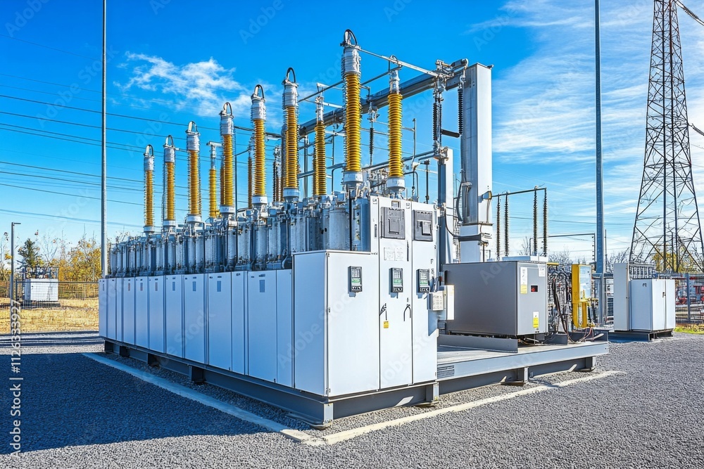 Electrical substation with high voltage transformers under clear blue ...