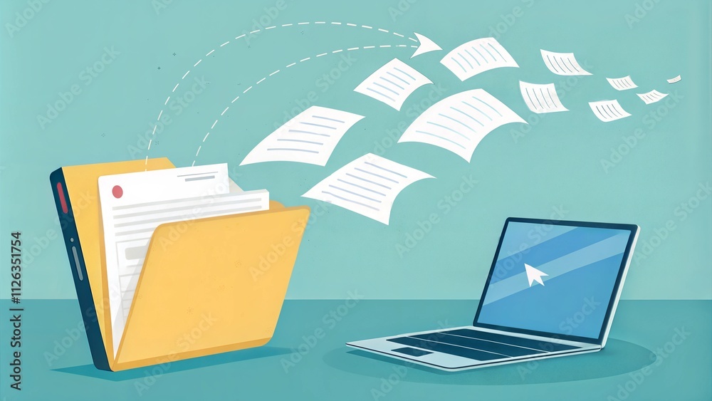 Uploading documents from folder. Open File folder with flying blank documents with laptop ...