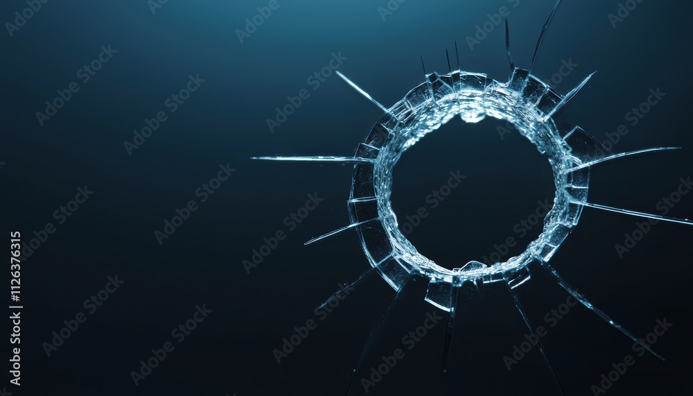 A circular glass fracture with sharp, protruding shards illuminated ...