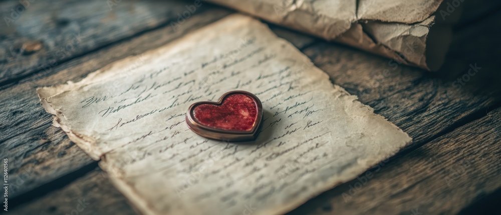 Heart-shaped token rests on aged parchment with handwritten notes by ...