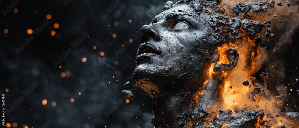 Fiery transformation of a human figure surrounded by ash and flames ...