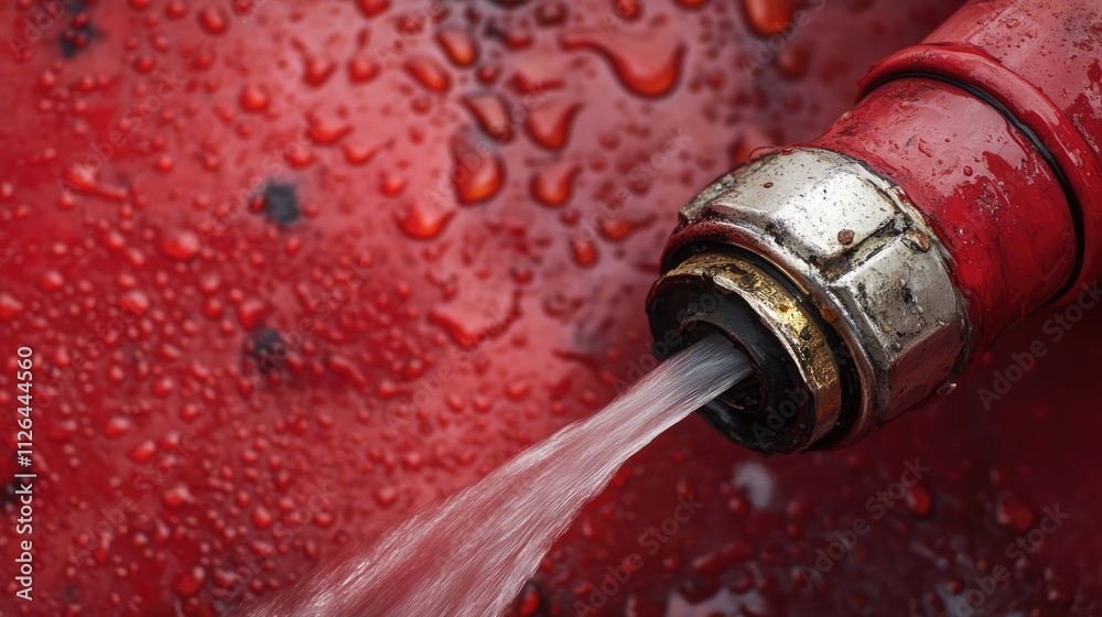 Close-up of a fire hose nozzle releasing water with droplets on a wet ...